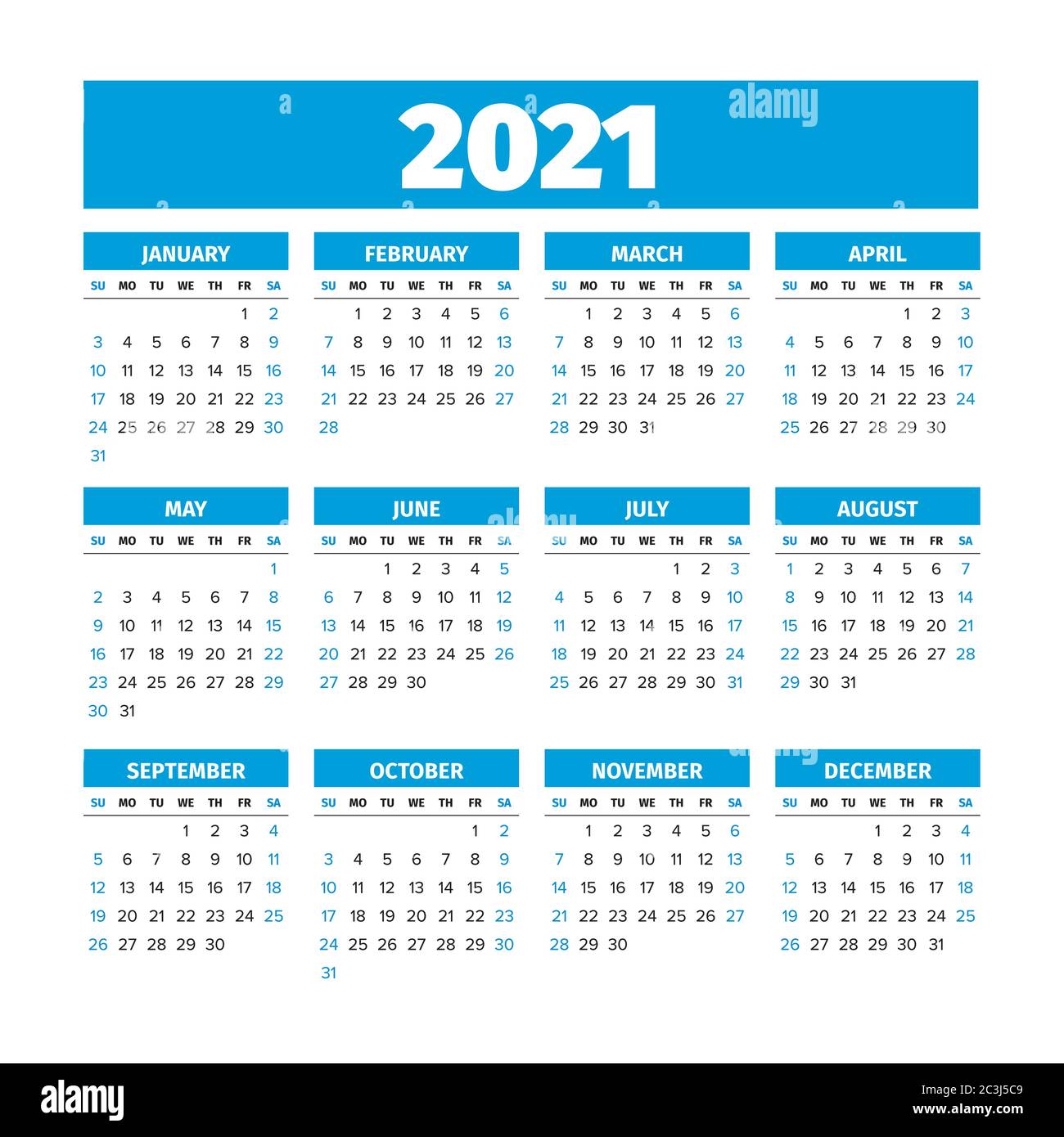 2021 Calendar with the weeks start on Sunday Stock Vector Image & Art ...