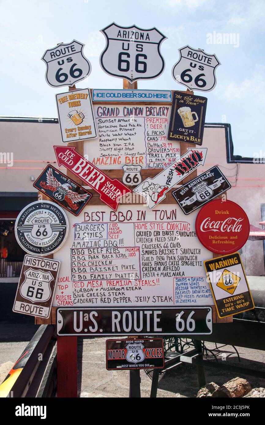 WILLIAMS, ARIZONA - April 19th 2012: Menu and signage at an American ...