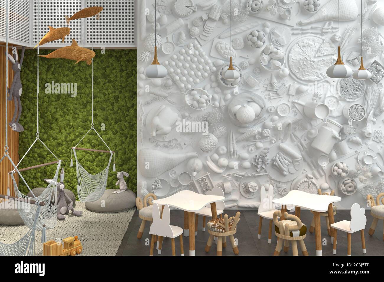 Kindergarten or children's cafe with a game zone with toys and dining tables. Modern creative ...