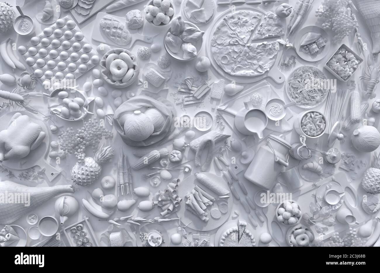 Monochrome composition of white relief figures of different foods and ...