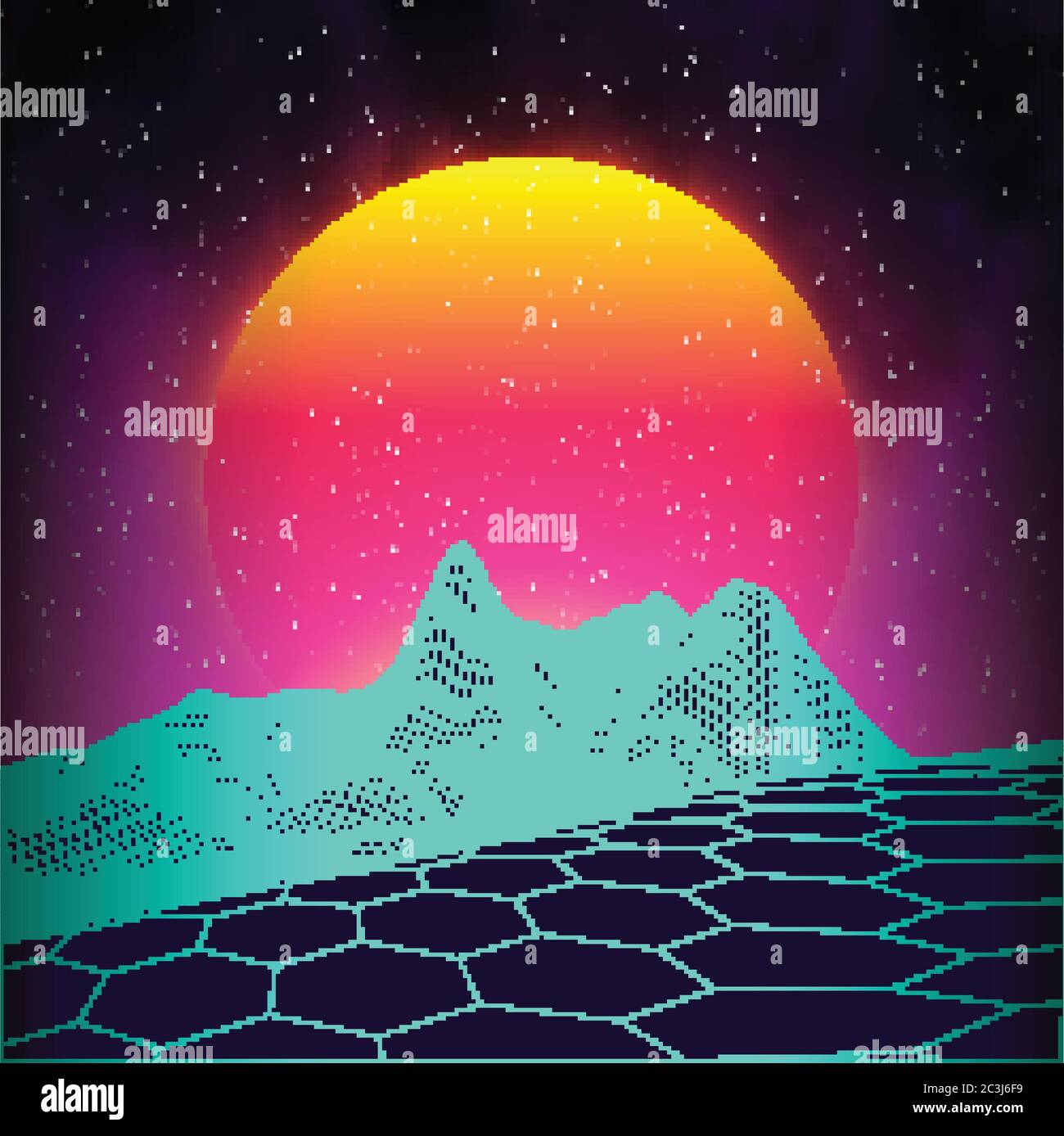 Retro background futuristic landscape 1980s style. Digital retro ...
