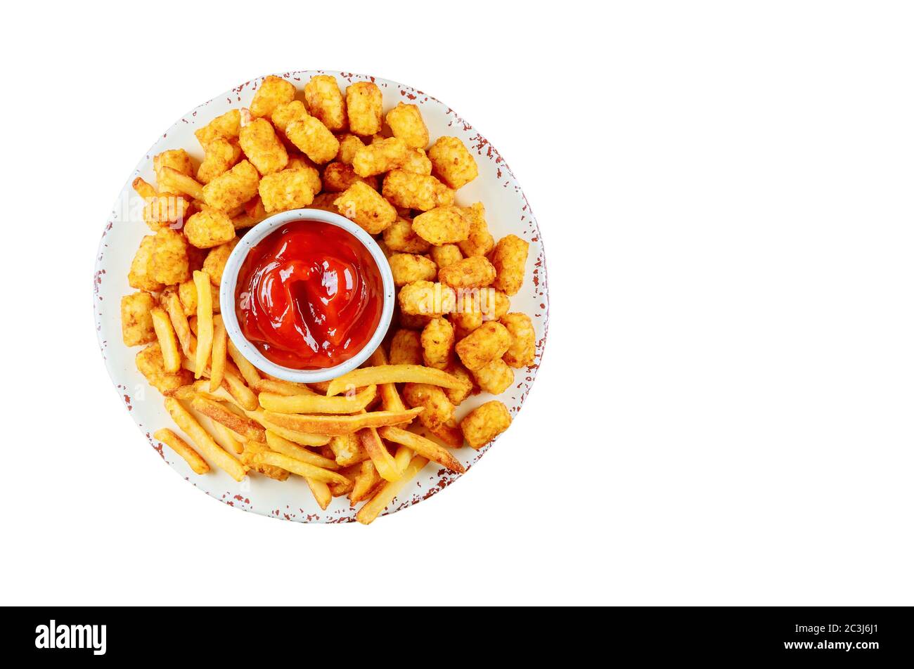 Classic french fries and tasti taters with ketchup isolated on white ...