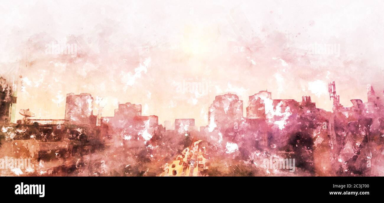 Abstract beautiful colorful offices building in capital on watercolor ...