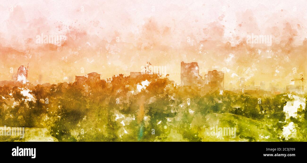 Abstract beautiful colorful offices building in capital on watercolor ...