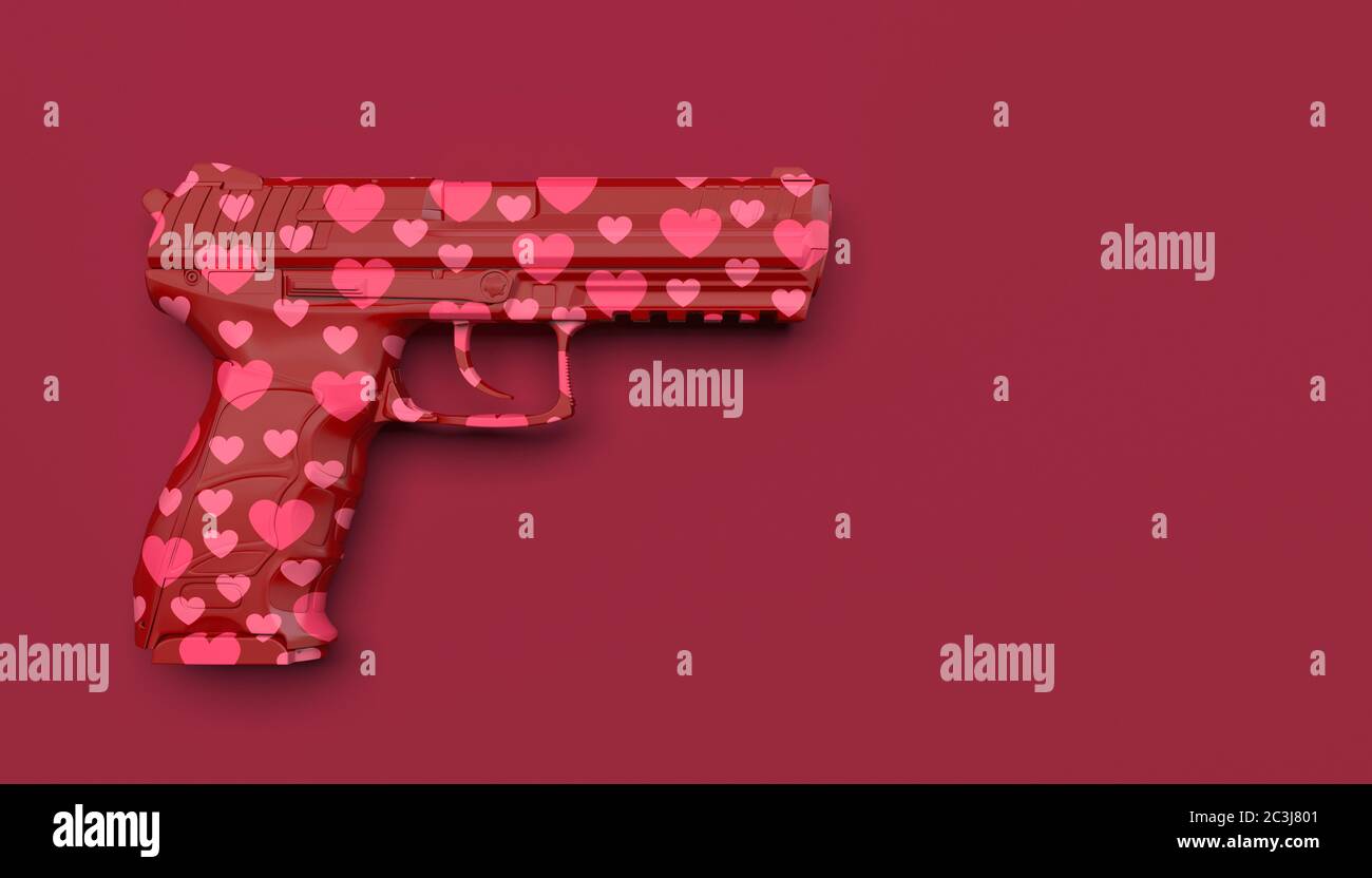 Red gun pattern with pink hearts on a red background. Creative ...