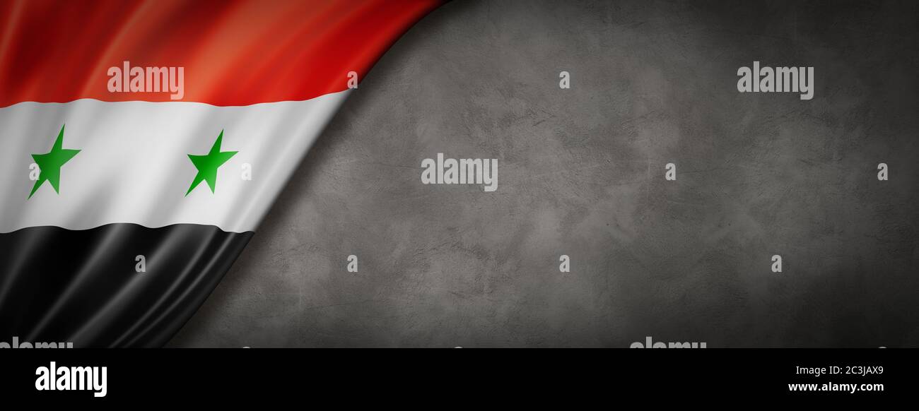 Syria flag on concrete wall. Horizontal panoramic banner. 3D ...