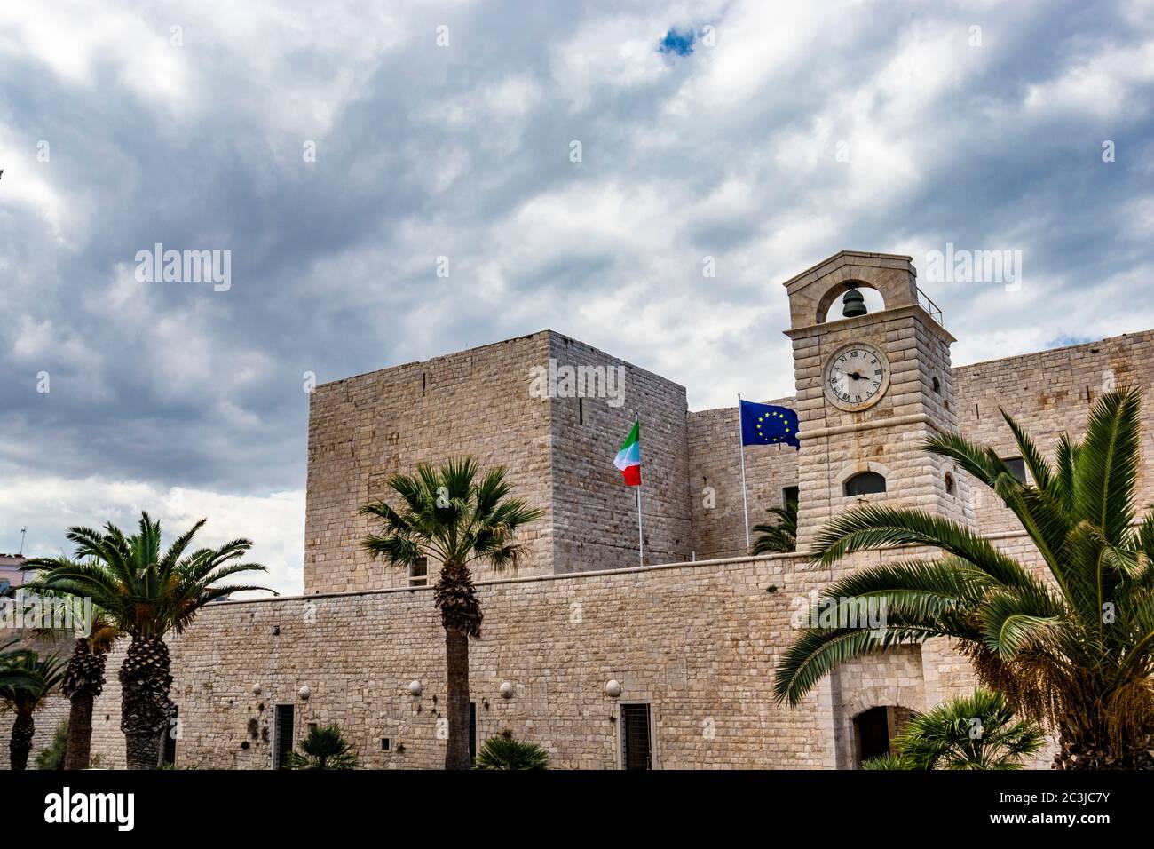 View of the Swabian castle of Trani. Stone fortress, on the sea. In ...