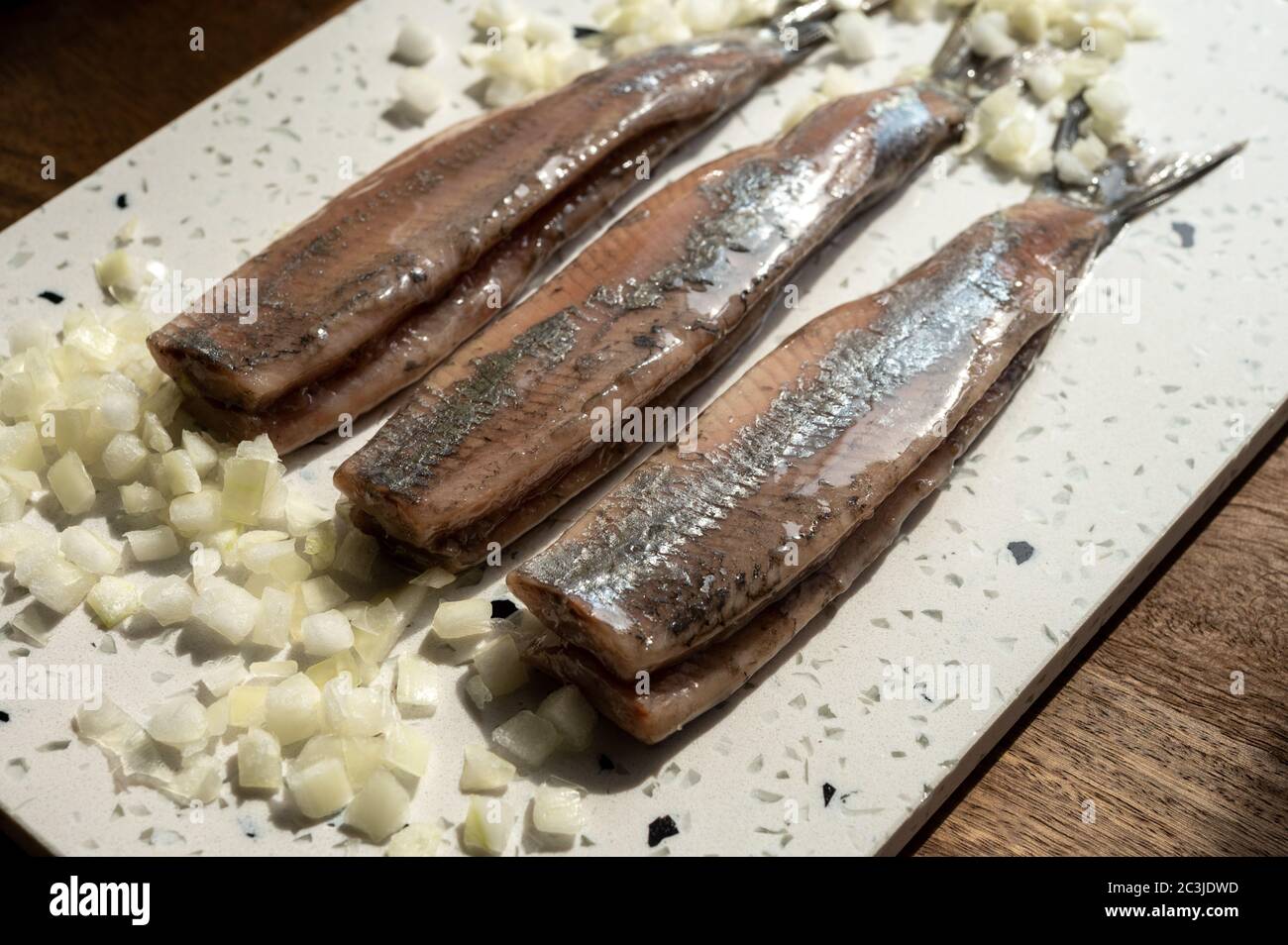 New season of Dutch herring fresh salted fish ready to eat, traditional ...