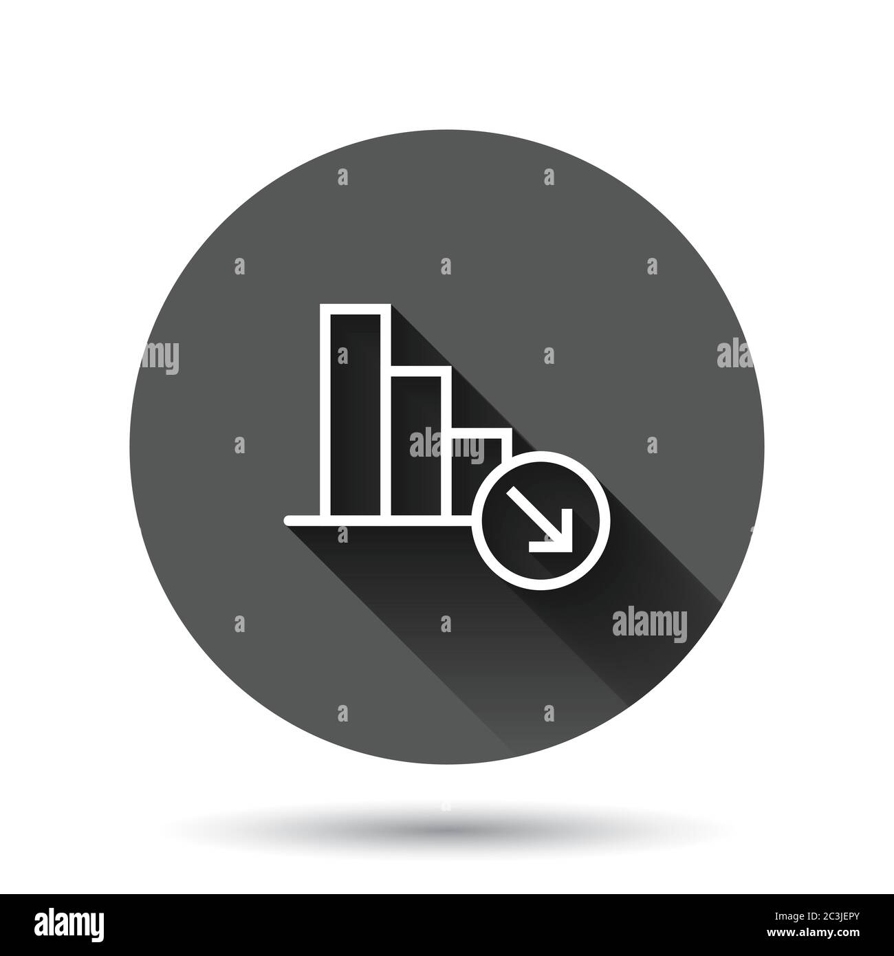 Market trend icon in flat style. Decline arrow with magnifier vector illustration on black round ...