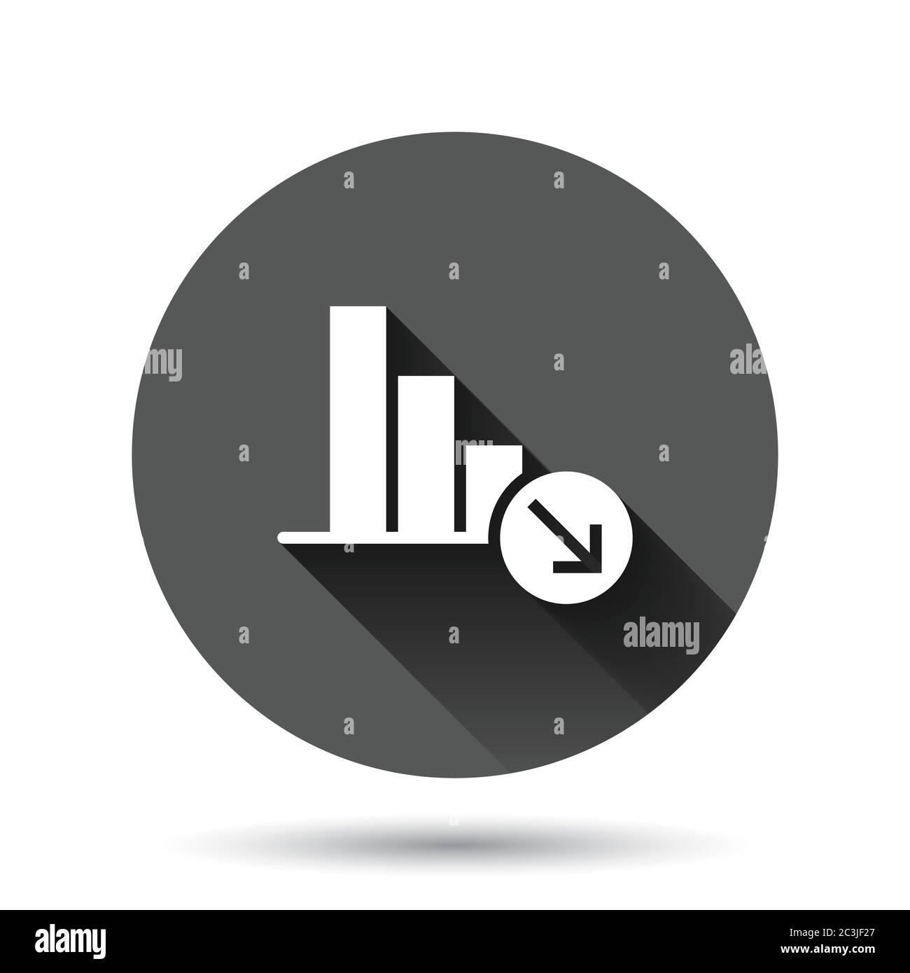 Market trend icon in flat style. Decline arrow with magnifier vector illustration on black round ...