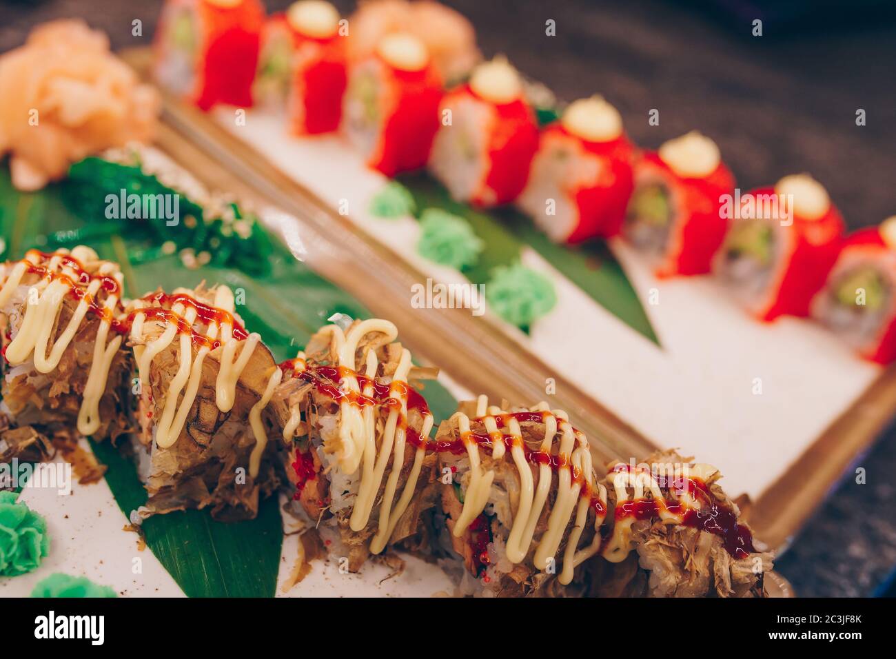 Large set of Sushi Rolls Warm Ebi Sake Unagi Spring. Assortment ...