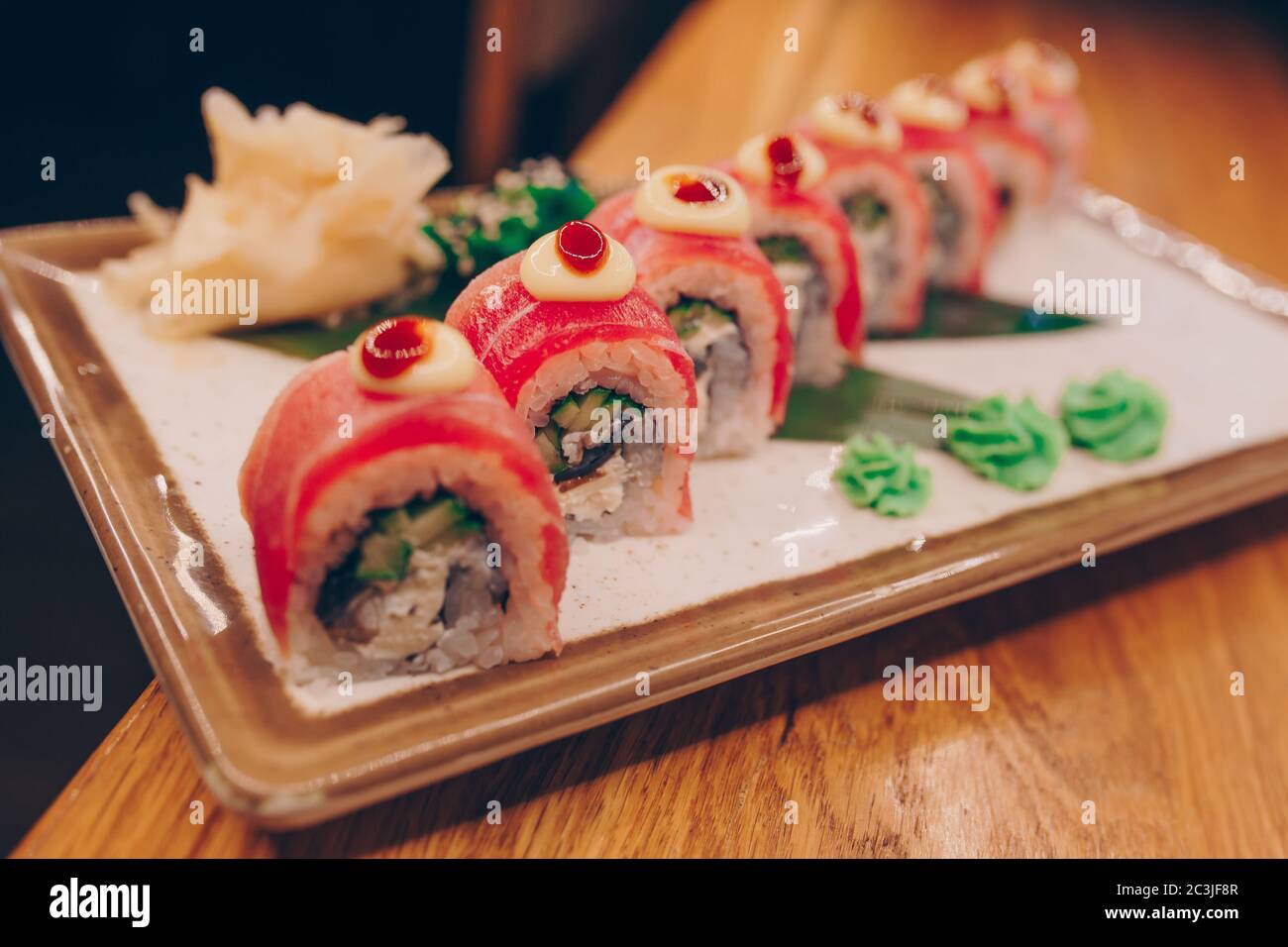 Large set of Sushi Rolls Warm Ebi Sake Unagi Spring. Assortment ...