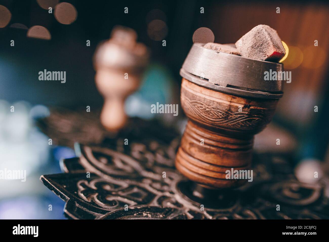 Hot close up red coals with hookah sparks in ceramic bowl for Shisha ...