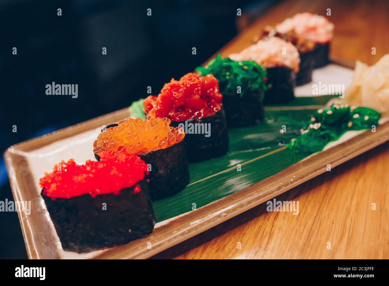 Set of Sushi Rolls Tobiko Chukka Maguro. A lot assortment Philadelphia ...