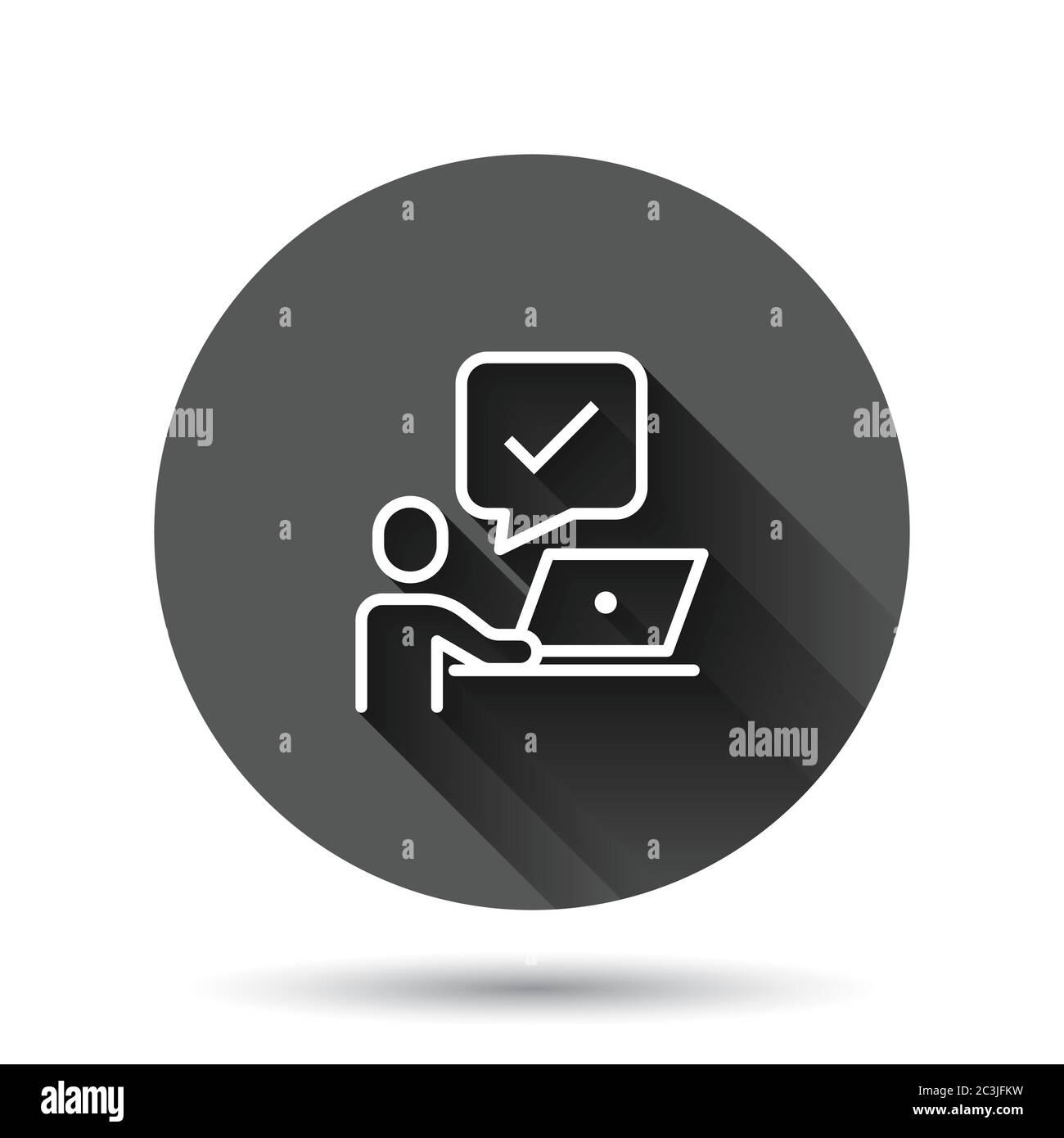 People with laptop computer icon in flat style. Pc user check mark ...