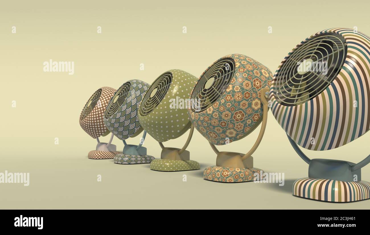 Five colorful vintage retro fans with a pattern stand in a row ...