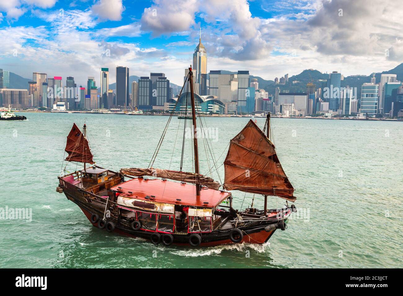 Traditional Chinese wooden sailing ship in Victoria Harbour in Hong ...