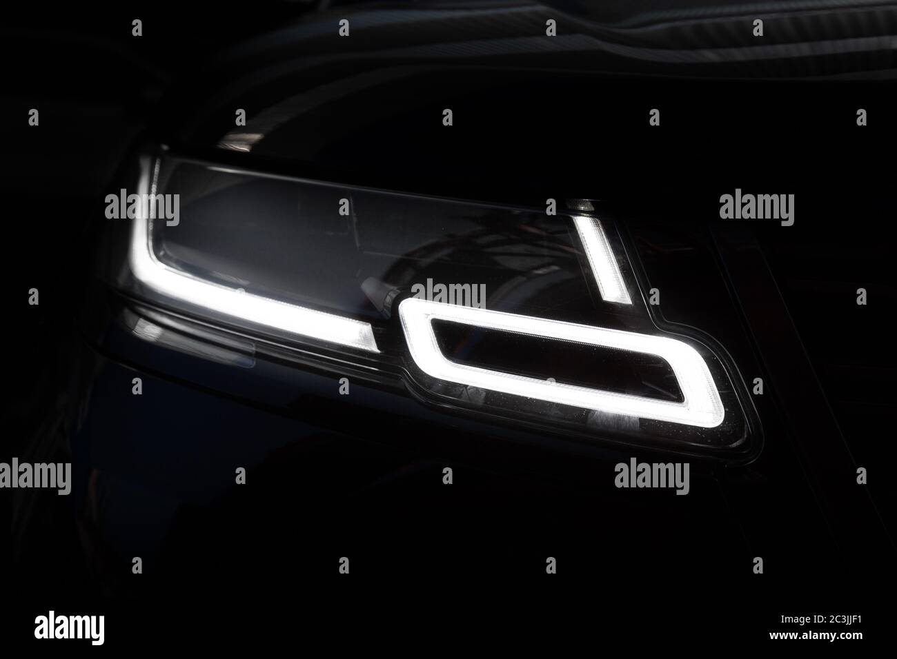 Moscow. Autumn 2018. Led headlights of the Land Rover Range Rover Velar ...