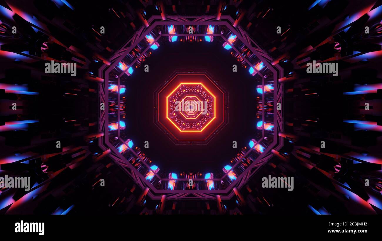 Abstract illustration of geometric shapes with colourful glowing neon ...