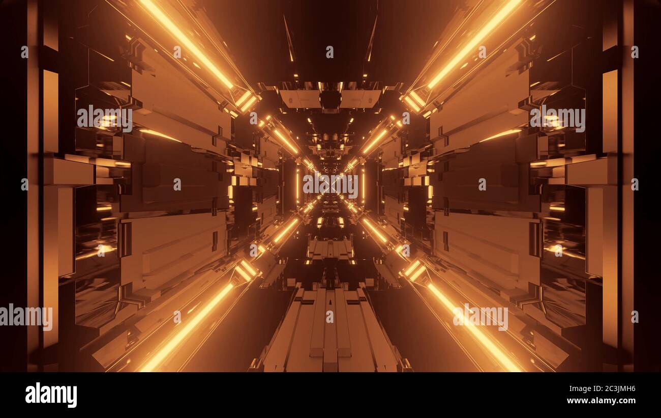 Abstract illustration of geometric shapes with glowing golden lights ...