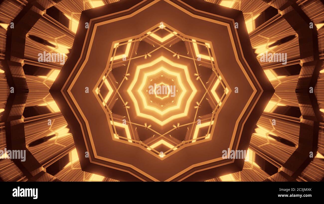 Abstract illustration of geometric shapes with glowing golden lights ...