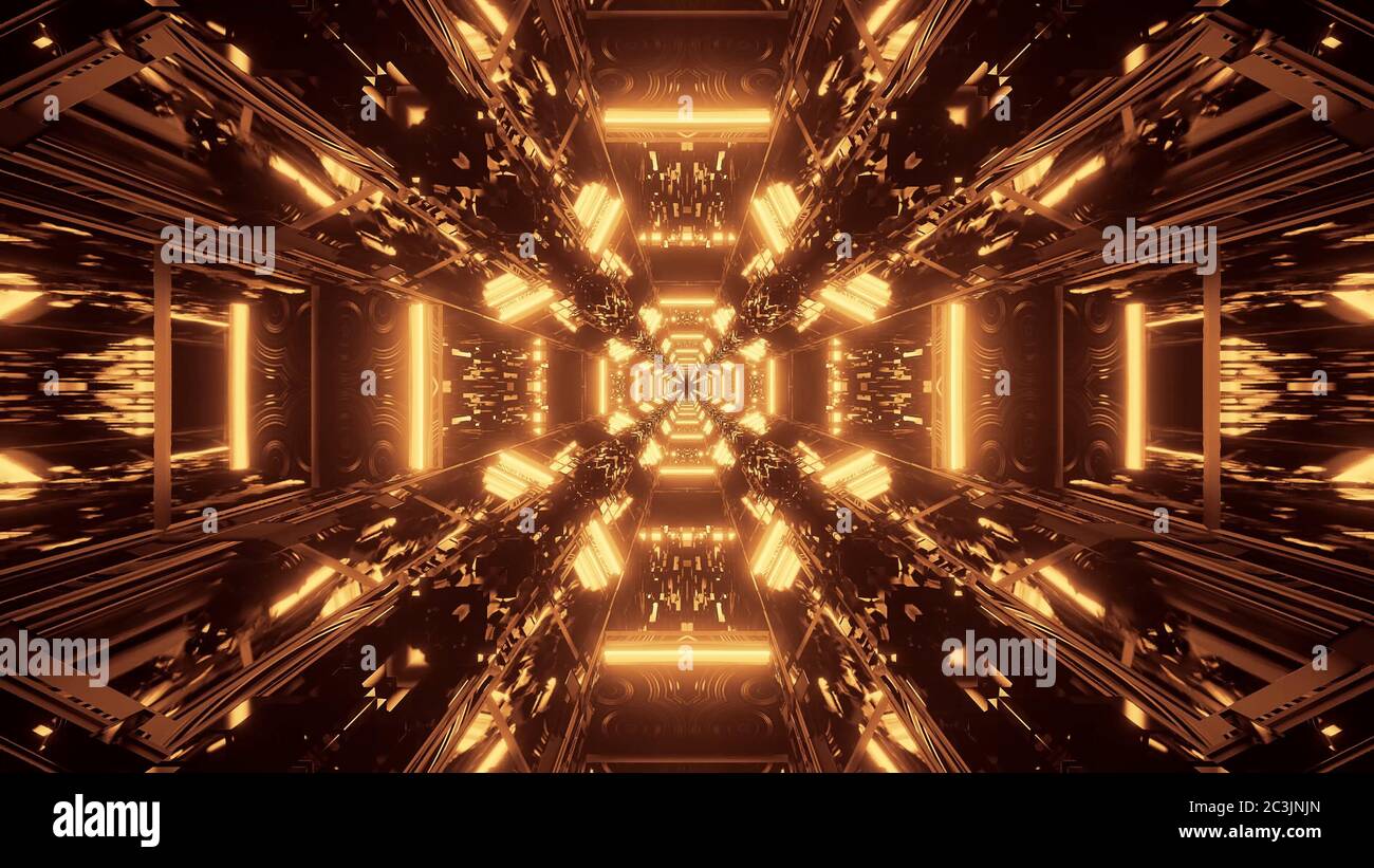 Abstract illustration of geometric shapes with glowing golden lights ...