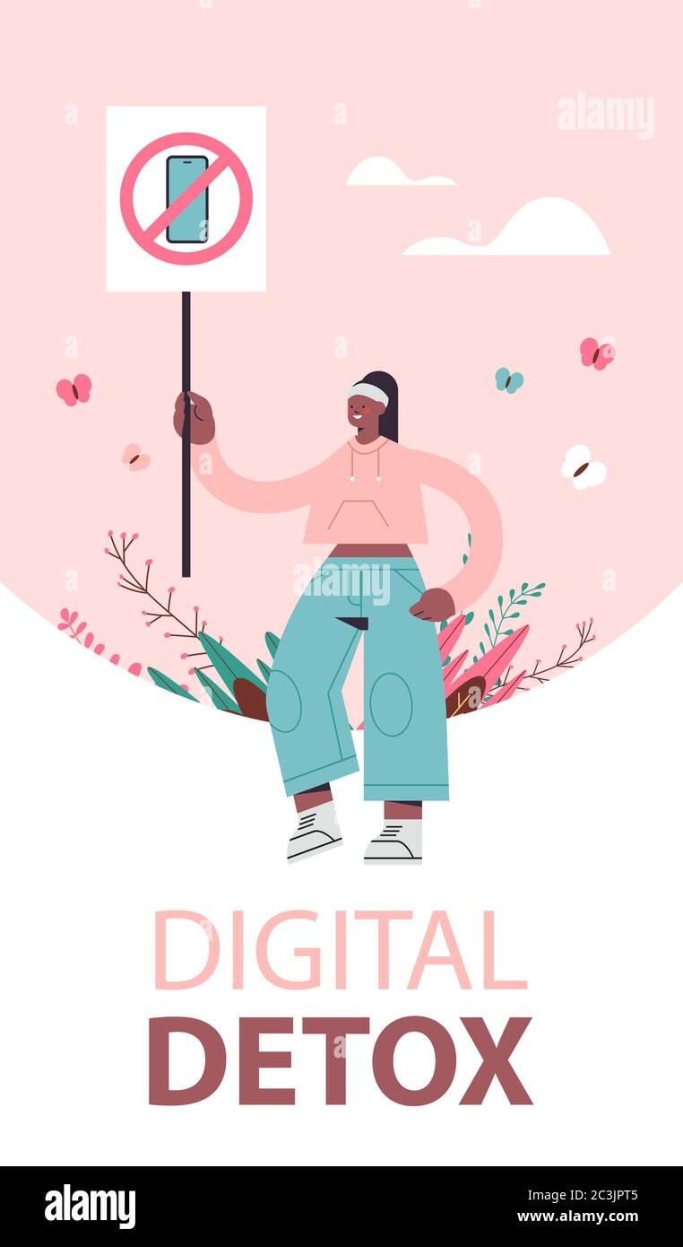 woman holding banner with sign prohibiting use smartphone digital detox ...