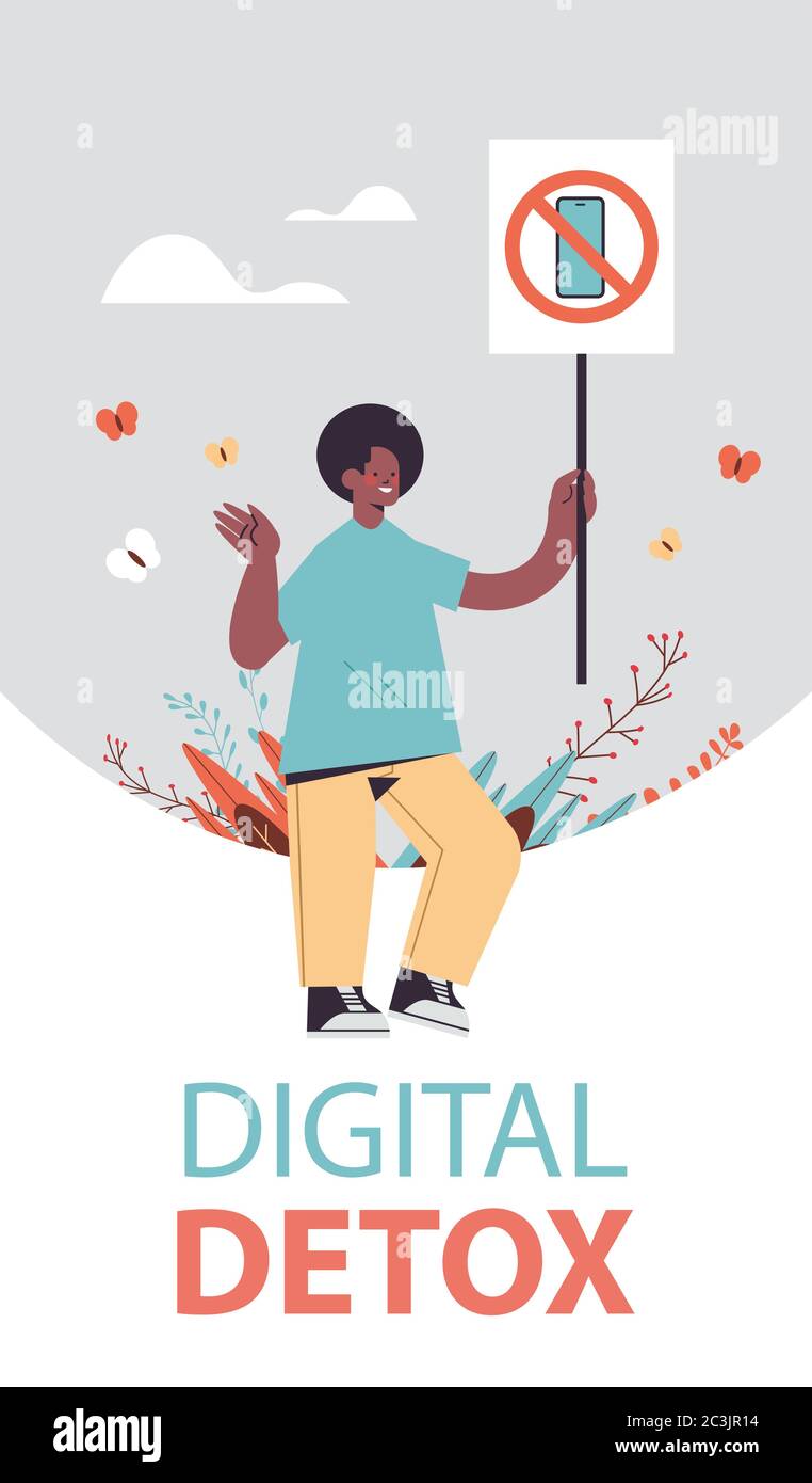 man holding banner with sign prohibiting use smartphone digital detox ...