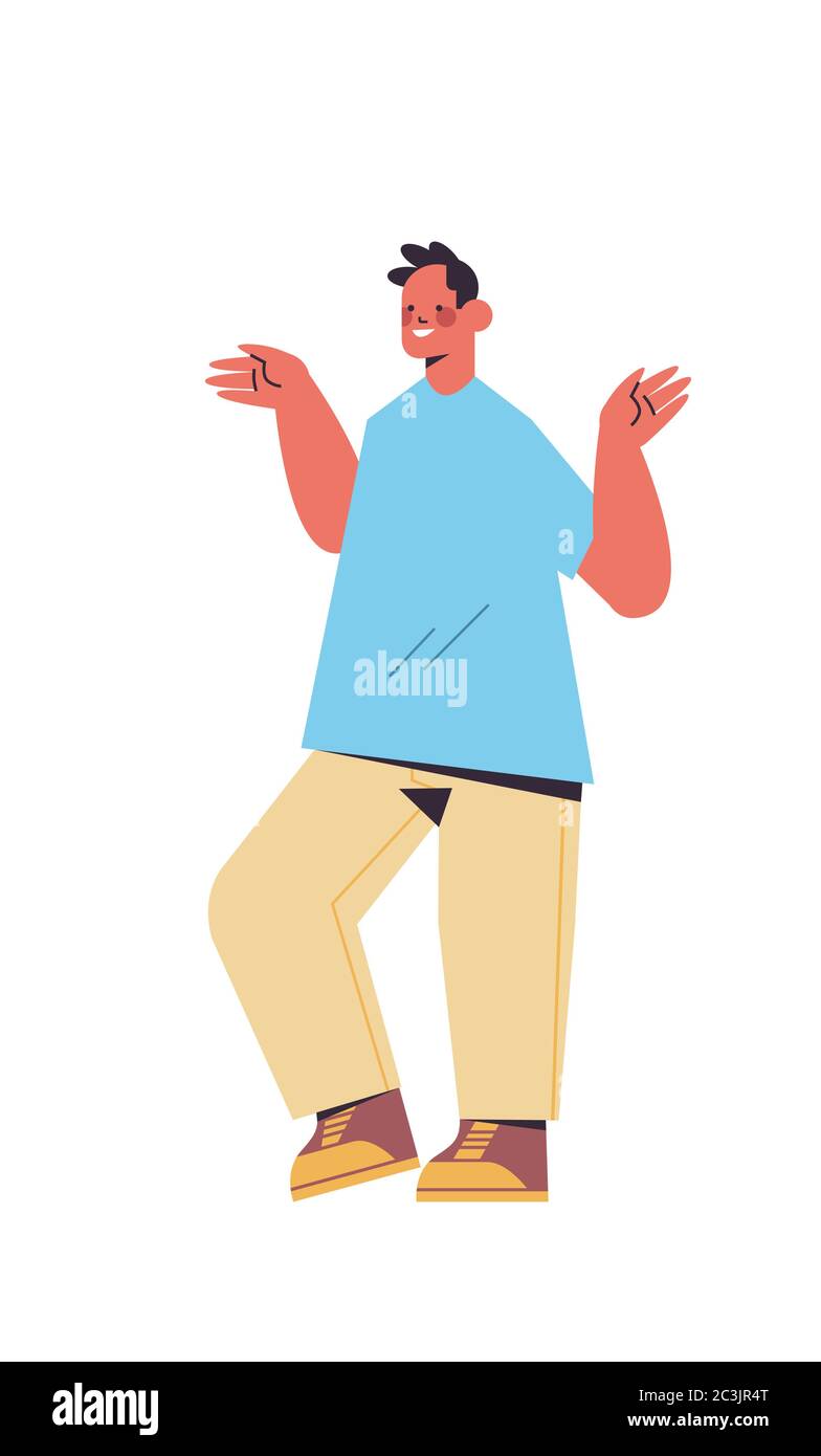 cute man with raised hands up smiling guy in casual trendy clothes male ...