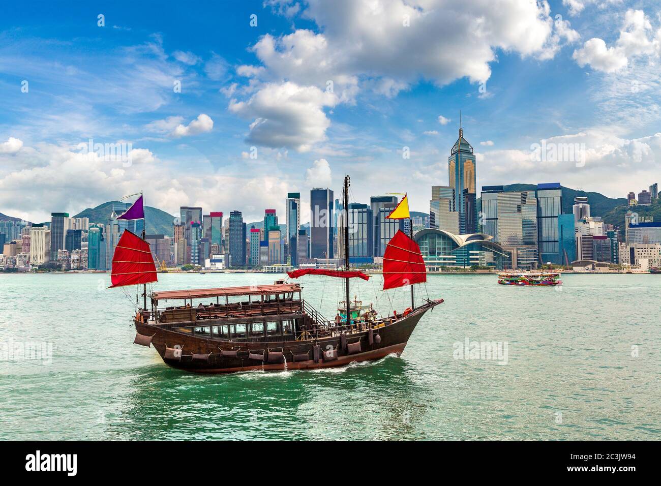 Traditional Chinese wooden sailing ship in Victoria Harbour in Hong ...