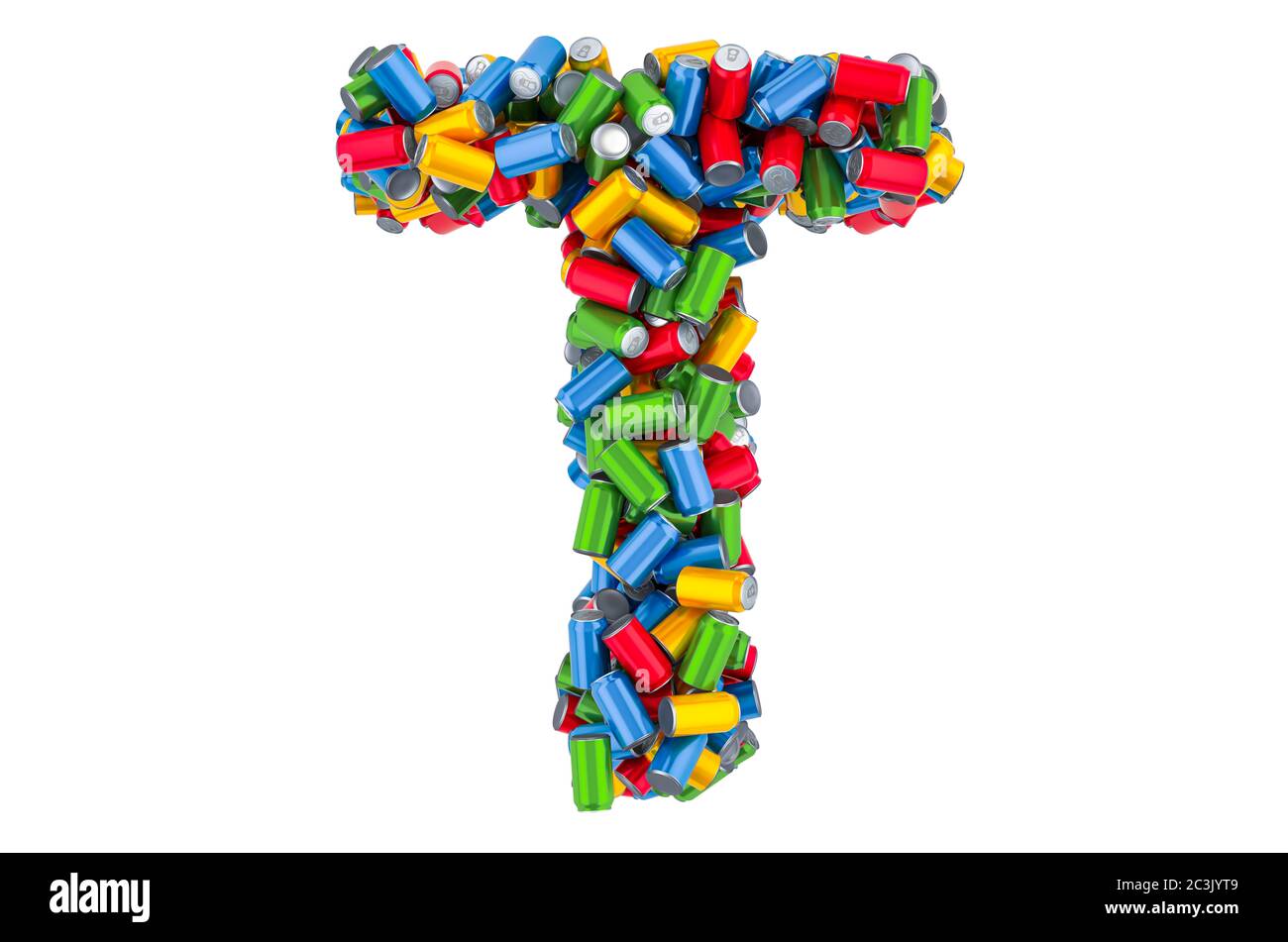 Letter T from colored metallic drink cans, 3D rendering isolated on ...