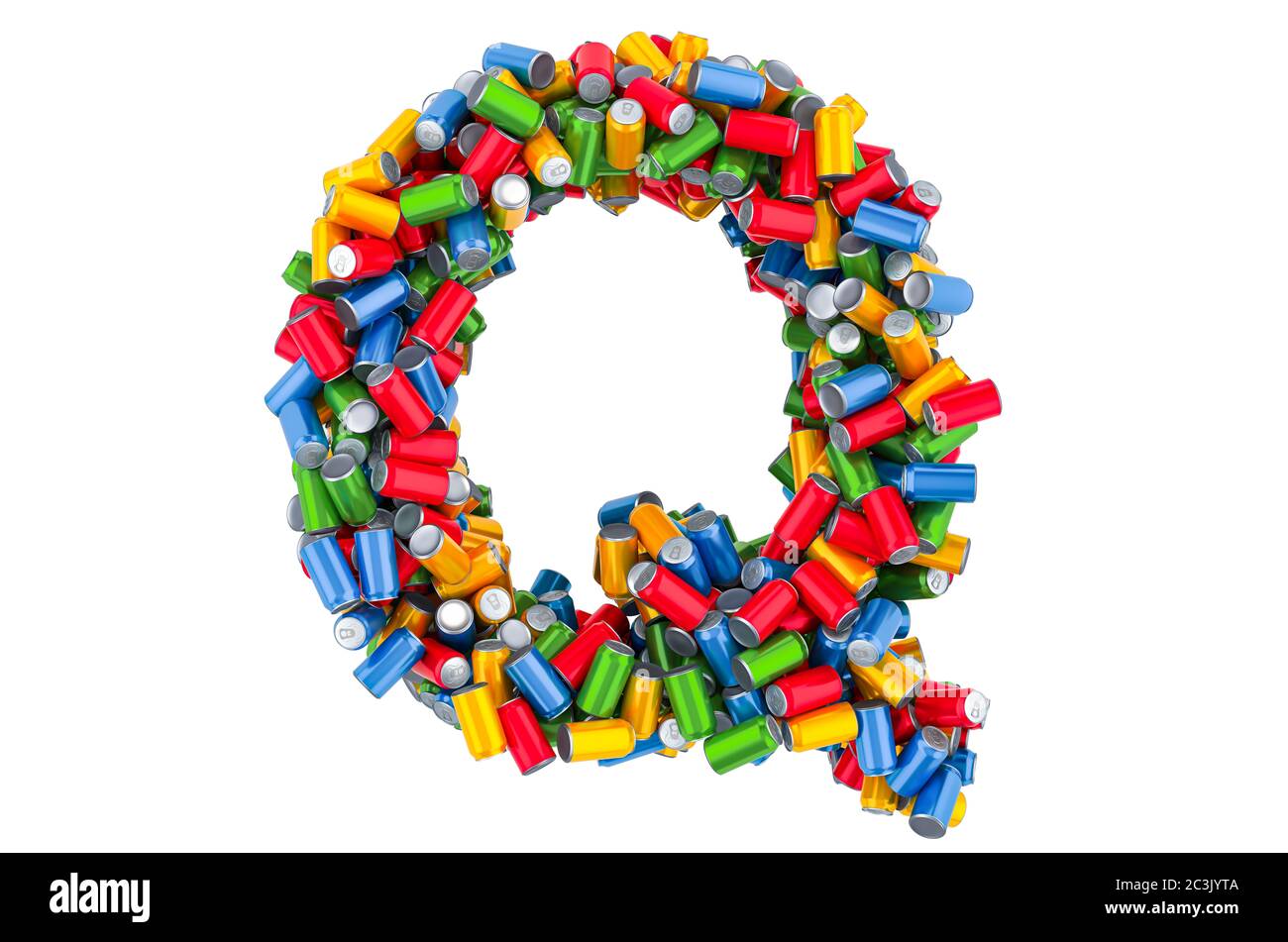 Letter Q from colored metallic drink cans, 3D rendering isolated on ...