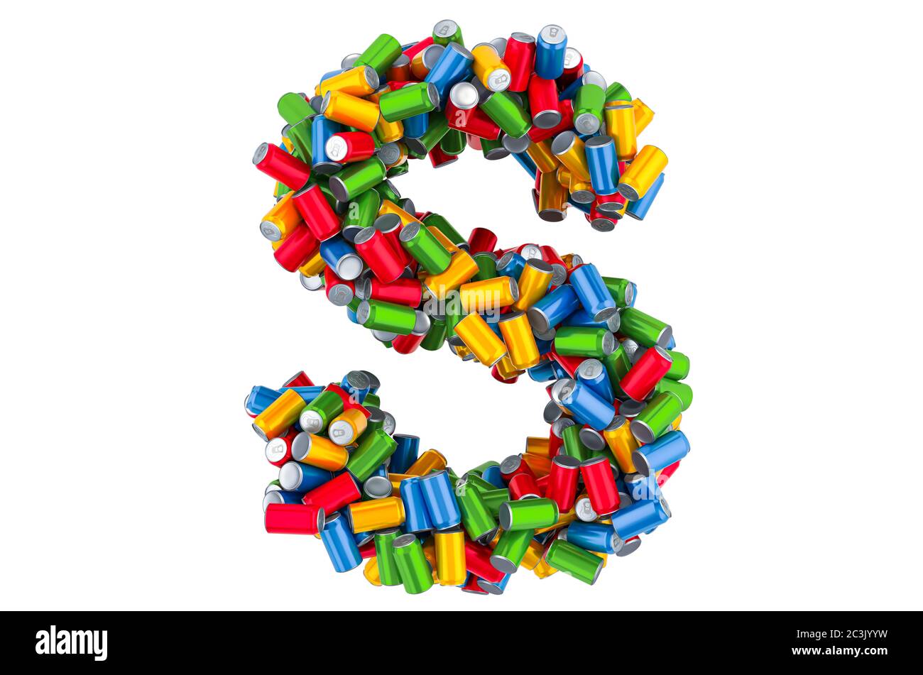 Letter S from colored metallic drink cans, 3D rendering isolated on ...