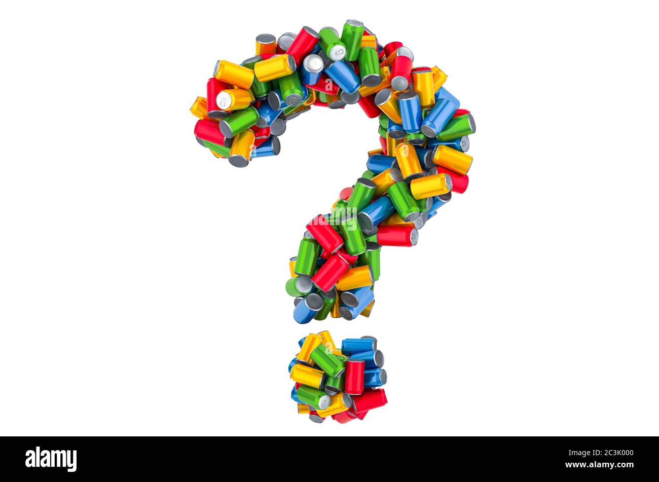 Question mark from colored metallic drink cans, 3D rendering isolated ...