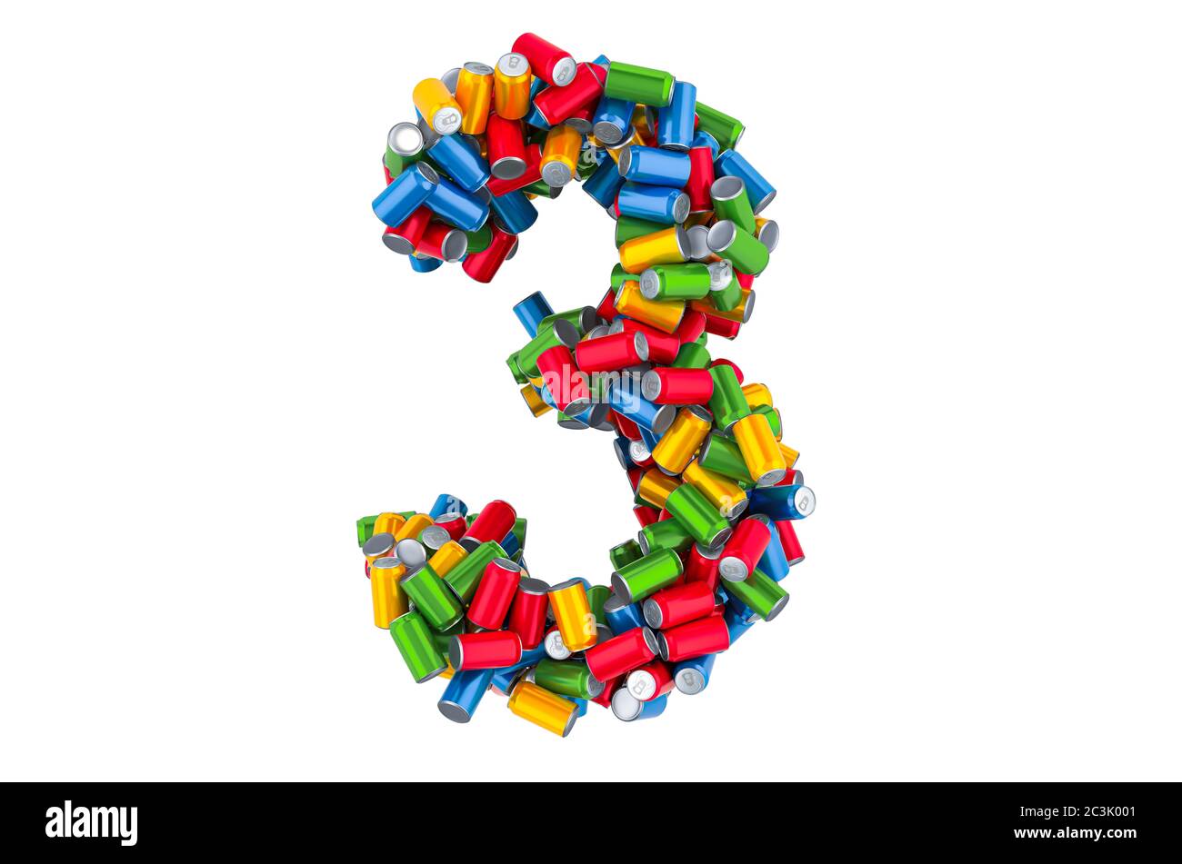 Number 3 from colored metallic drink cans, 3D rendering isolated on ...