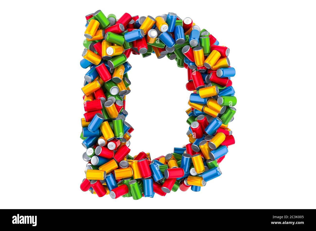 Letter D from colored metallic drink cans, 3D rendering isolated on ...