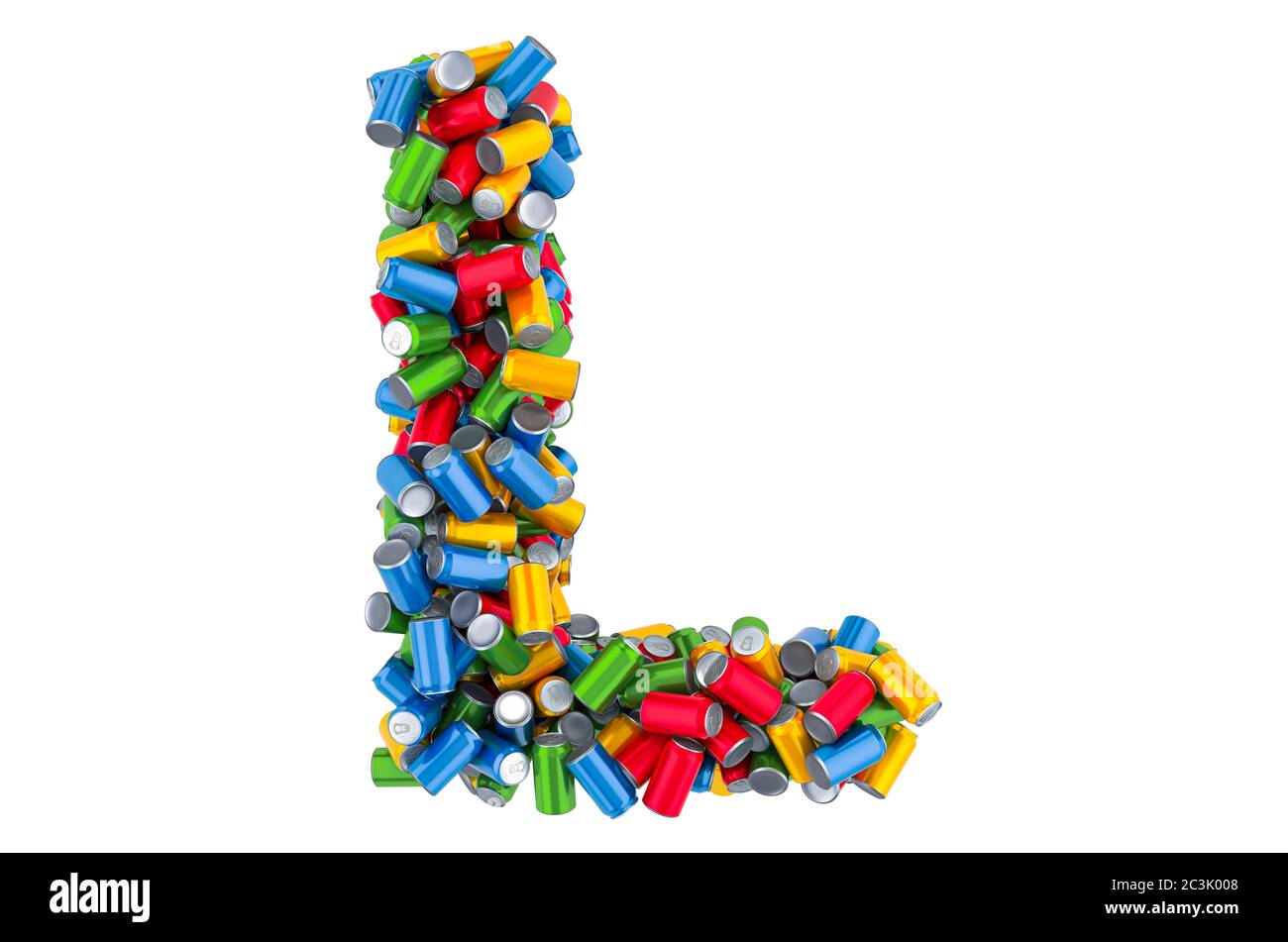Letter L from colored metallic drink cans, 3D rendering isolated on ...