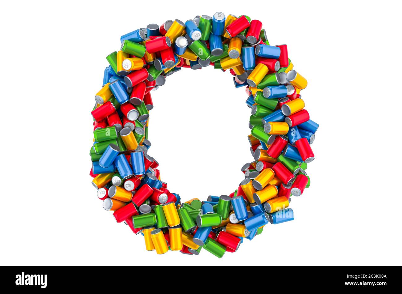 Letter O from colored metallic drink cans, 3D rendering isolated on ...