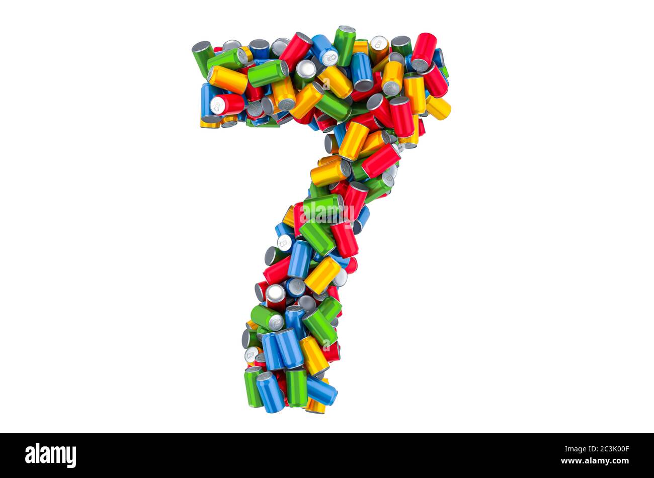 Number 7 from colored metallic drink cans, 3D rendering isolated on ...