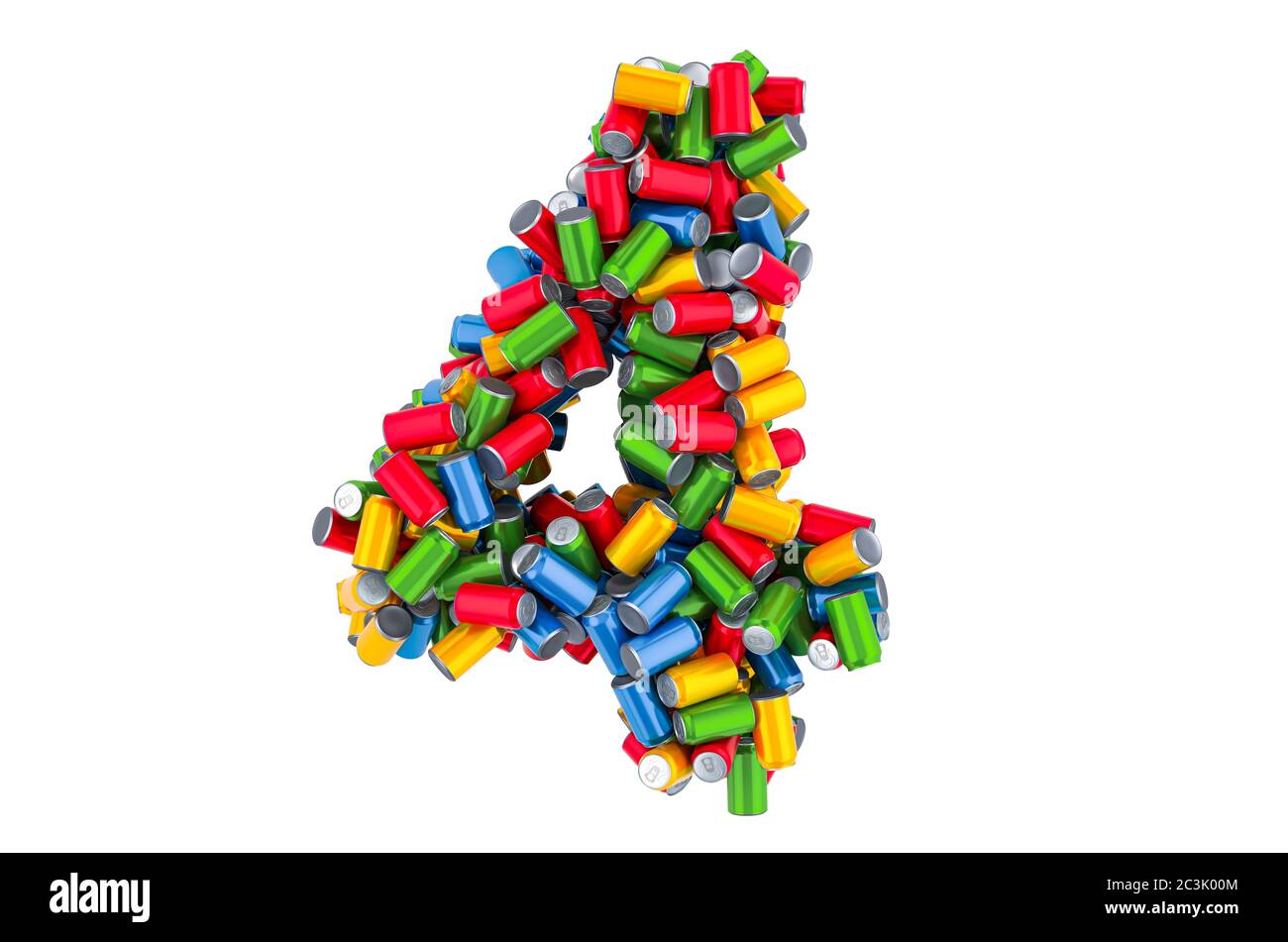 Number 4 from colored metallic drink cans, 3D rendering isolated on ...