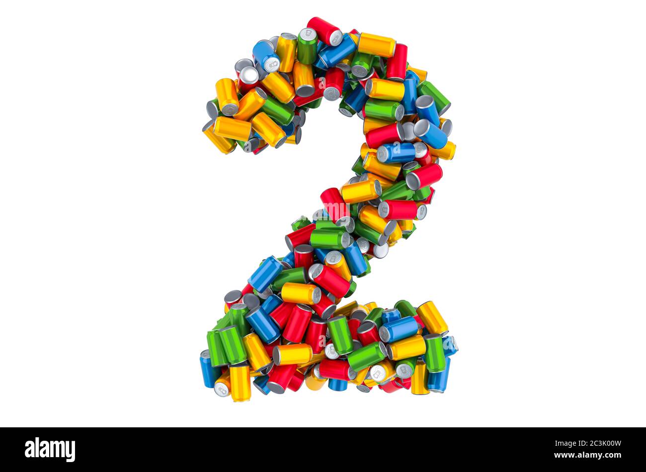 Number 2 from colored metallic drink cans, 3D rendering isolated on ...