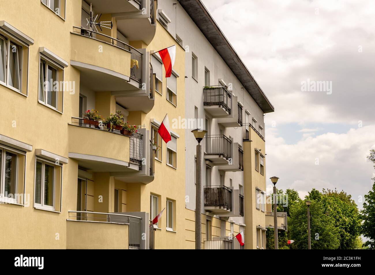 POZNAN, POLAND - May 03, 2020: Apartment building with balconies and ...