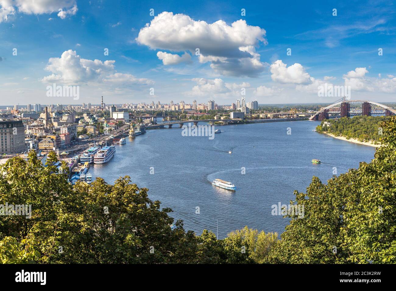 Panoramic view of district Podol in Kiev, Ukraine in a beautiful summer ...