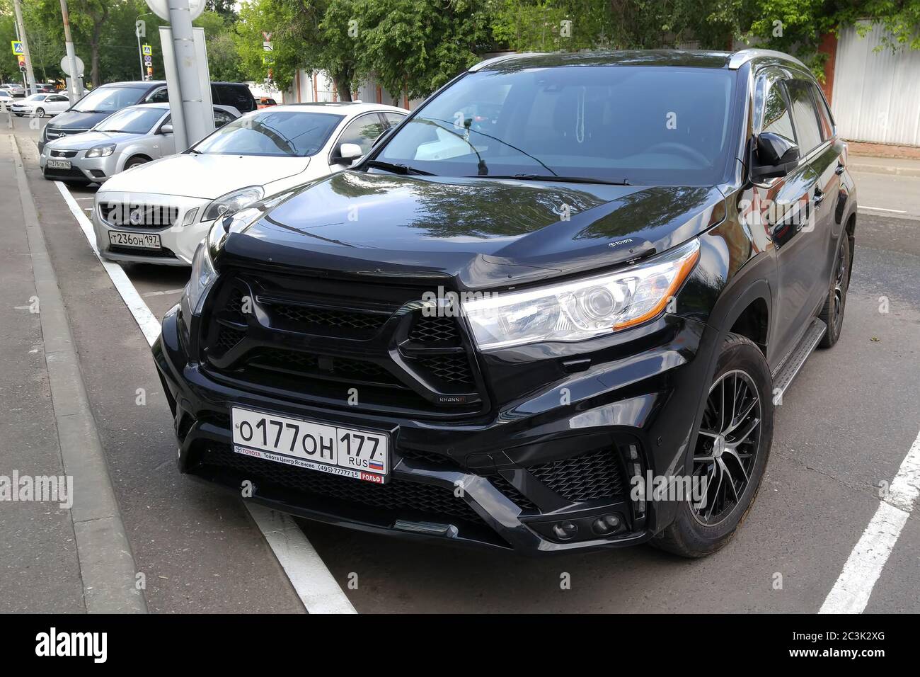 Moscow. Autumn 2018. Black Toyota Highlander in Khann tuning, wide body ...