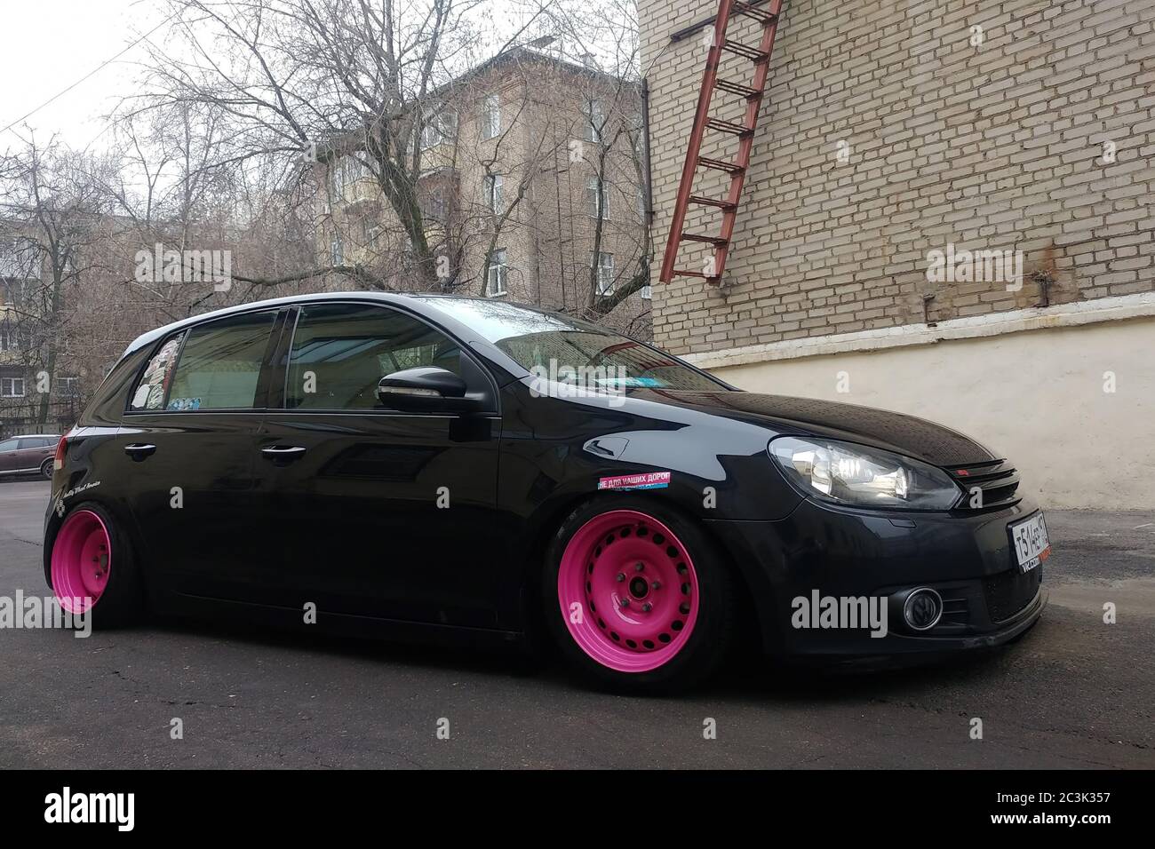 Moscow, Russia - May 08, 2019: A black tuned and understated Volkswagen ...