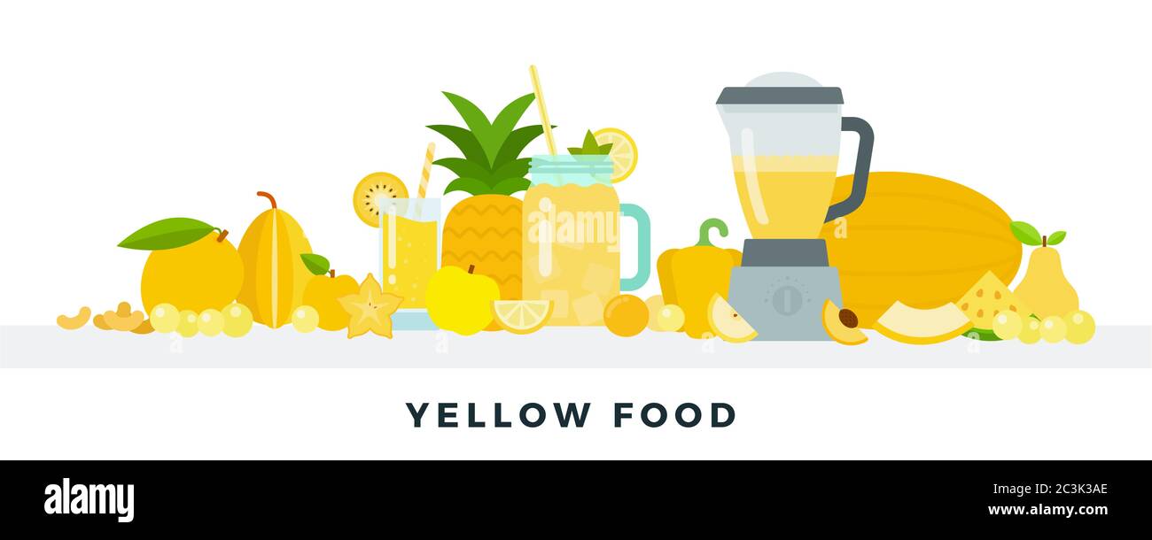Illustration of yellow food, vegetables, fruits, kitchen appliances ...