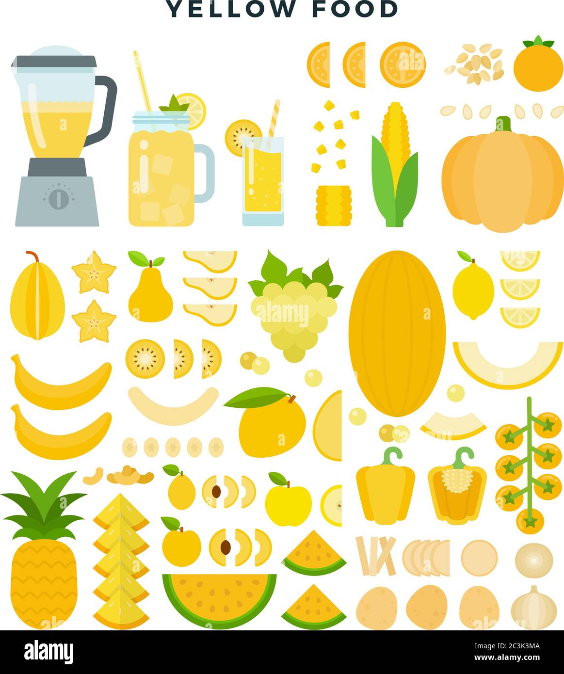 Yellow vegetables, fruits and juices, flat icon set. Vector ...