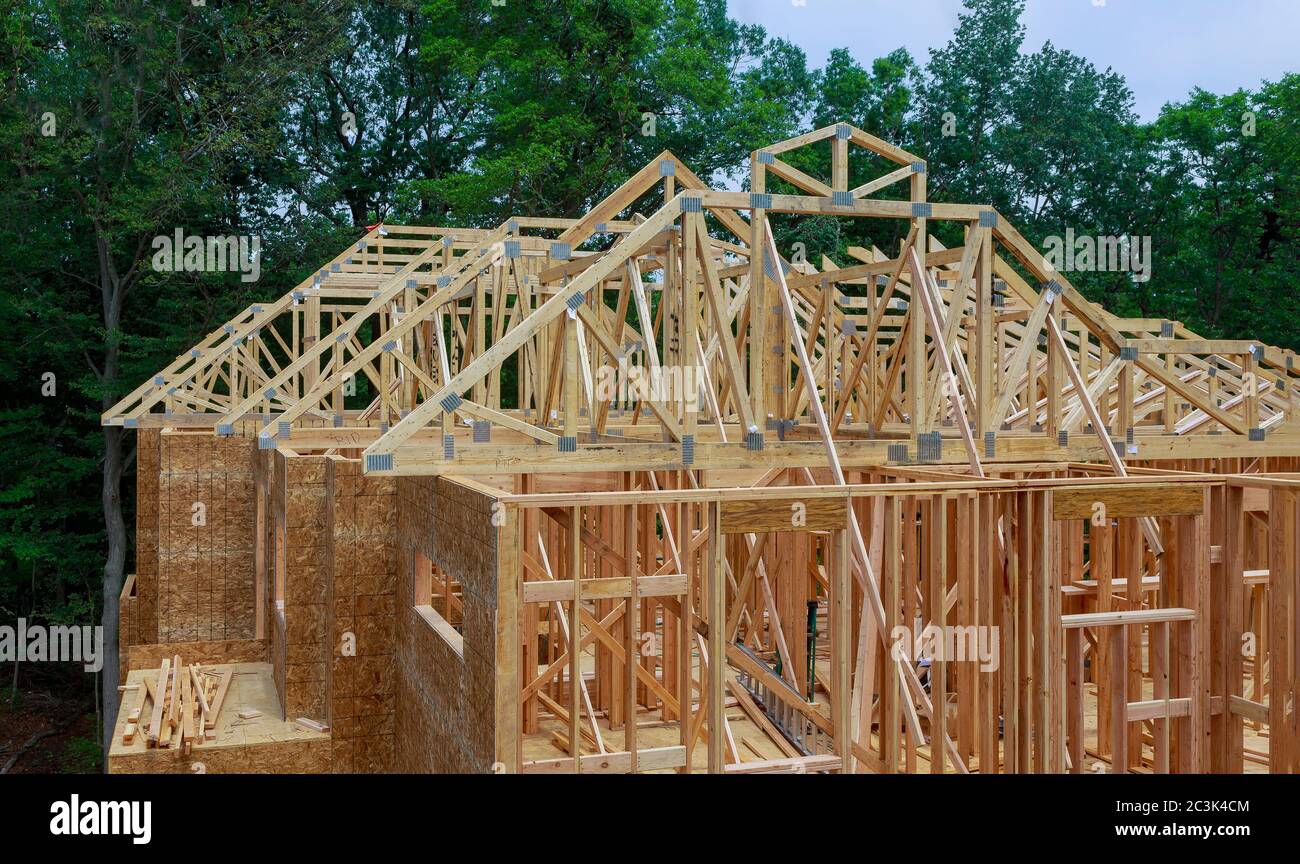 Wooden frame house attic under construction interior inside a frame ...