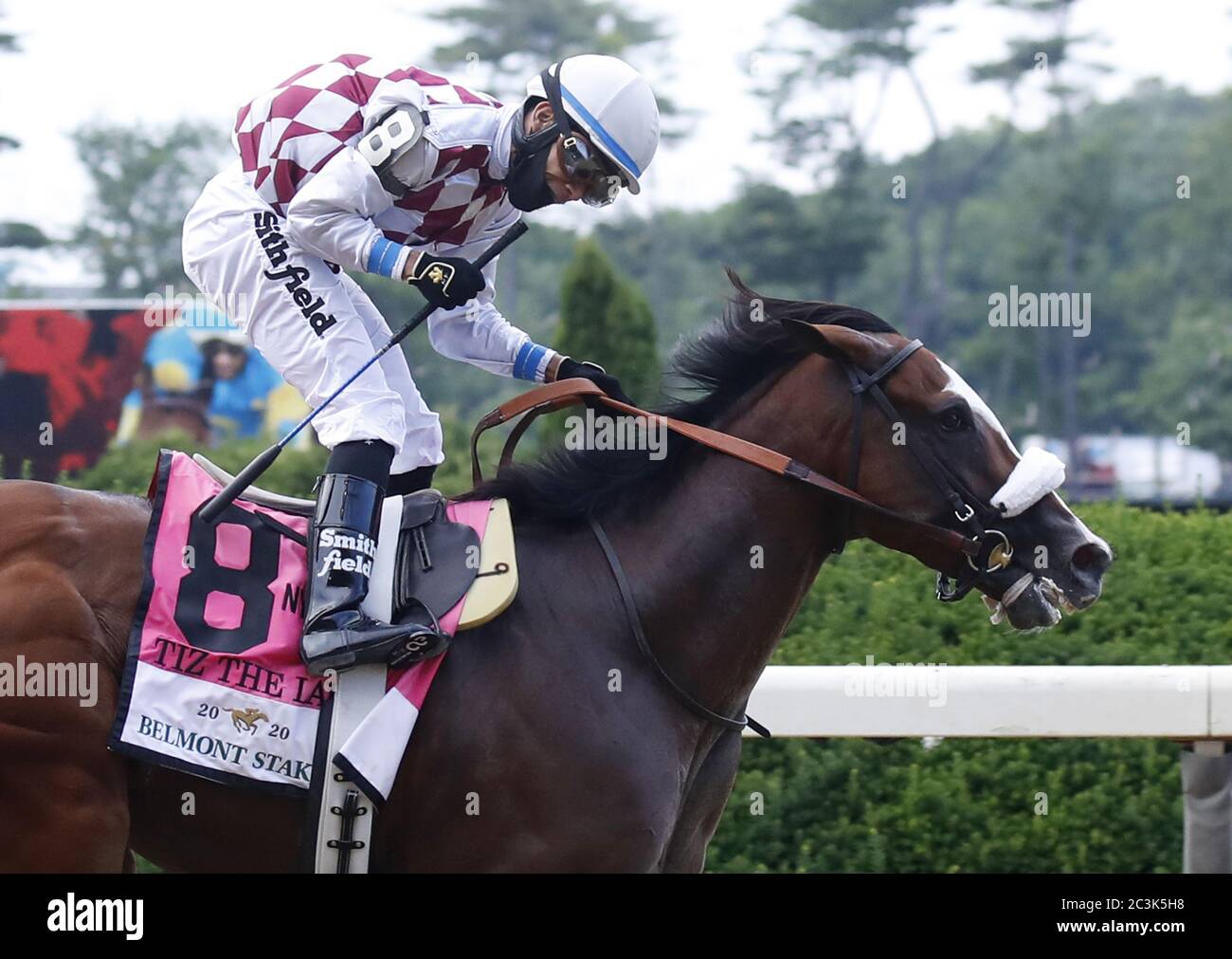 Elmont, United States. 20th June, 2020. jockey Manny Franco celebrates ...