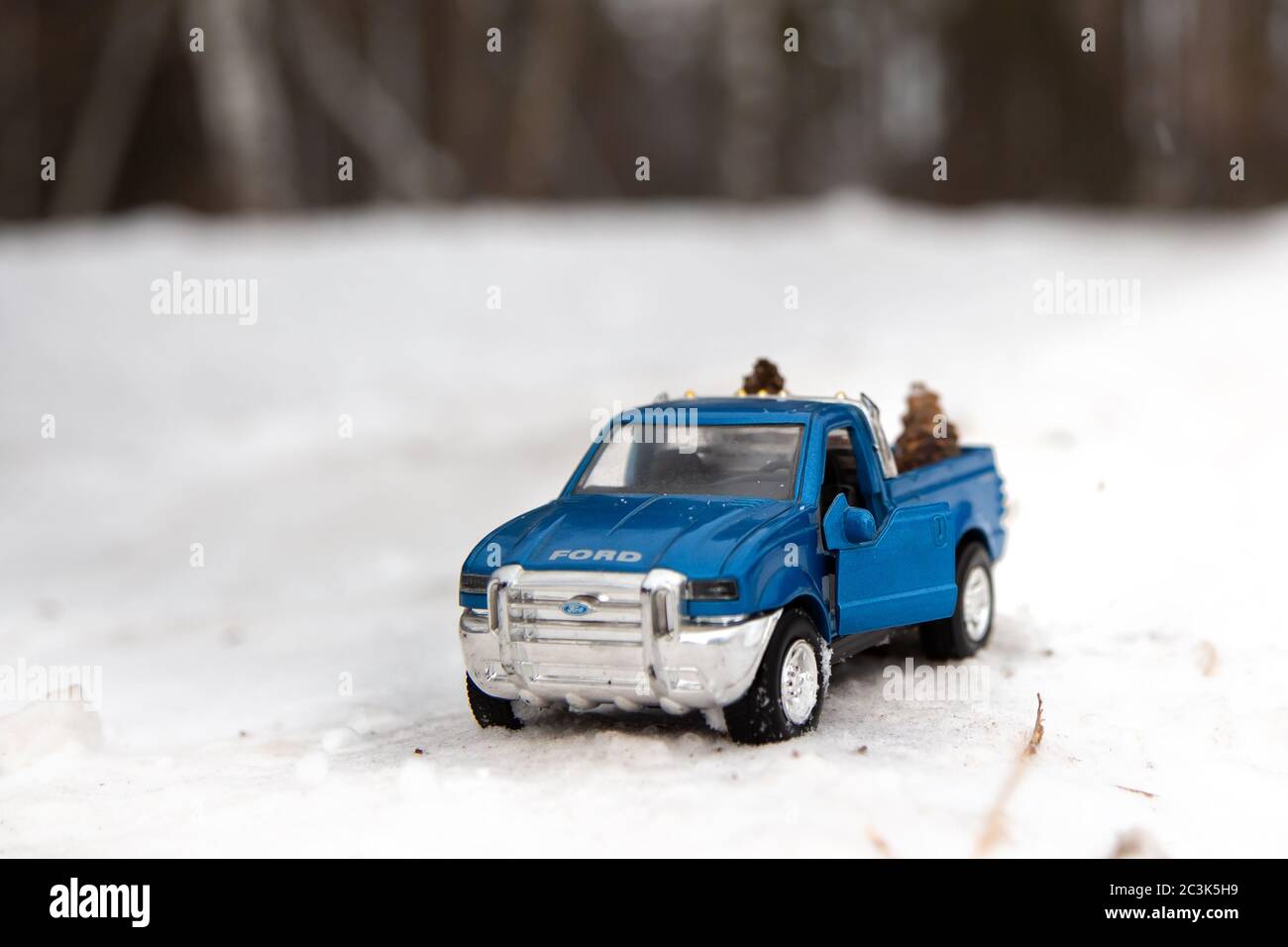 Moscow. December 2018. Blue toy Pickup truck Ford F350 with open door ...